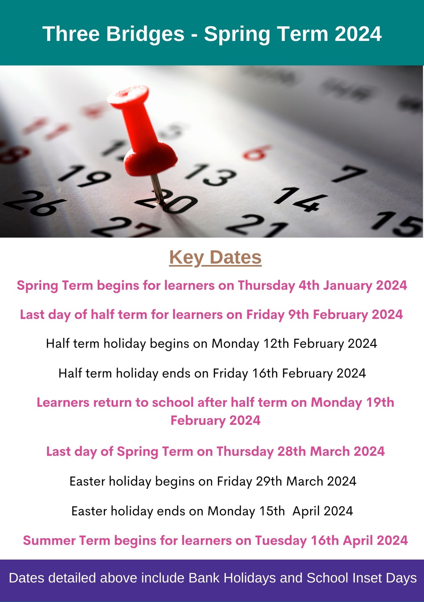 The School Day and Term Dates - Three Bridges School